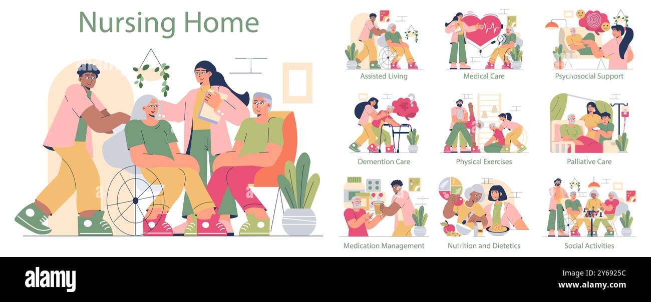Nursing Home concept. Comprehensive elderly care services with diverse ...