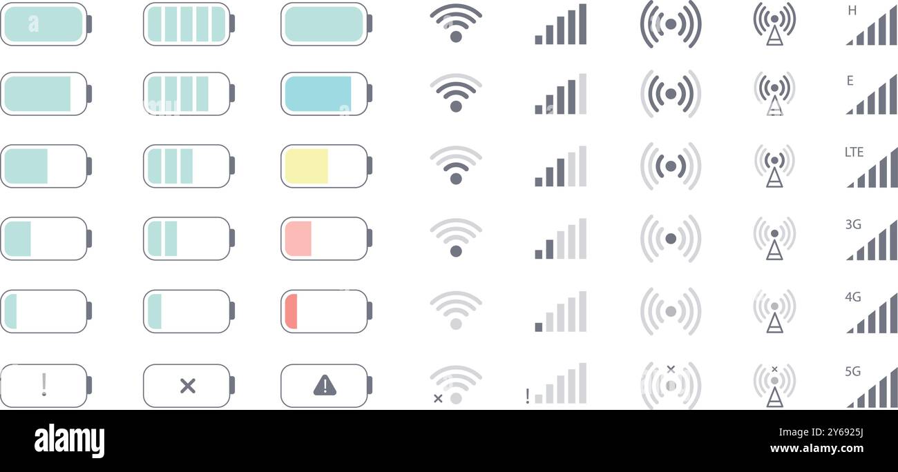Smartphone wifi and battery icons. Mobile phone indicators, battery charge levels, 5G and wifi ...