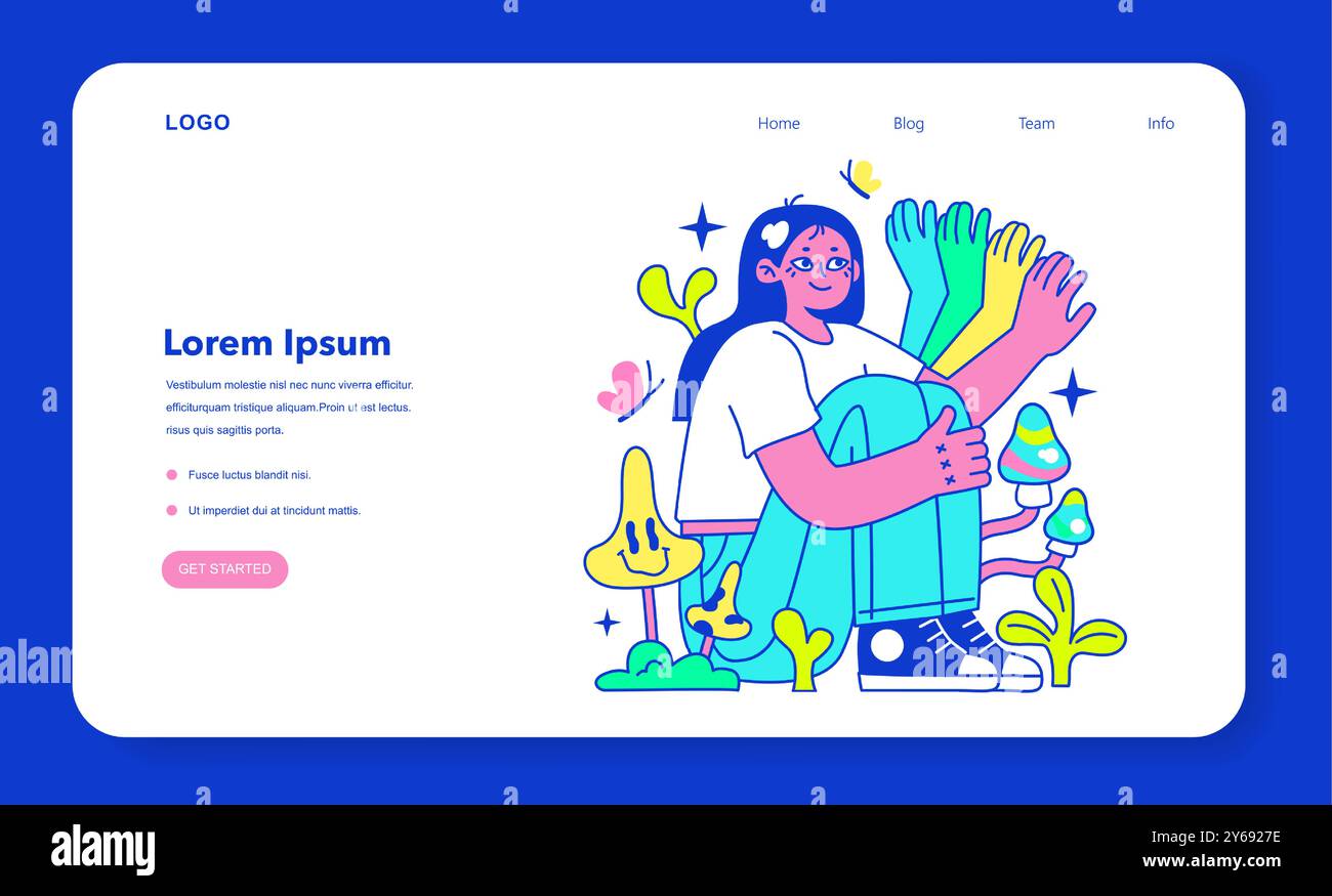 Psychedelic trip party web banner or landing page. Rave camp. Character ...