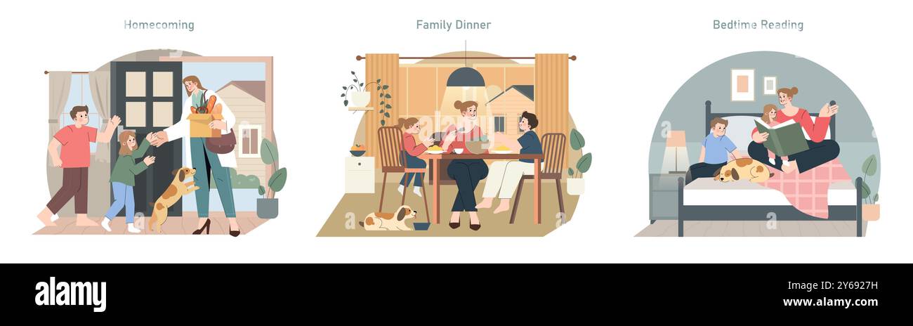 Family routine set. Tender moments from homecoming to bedtime stories ...