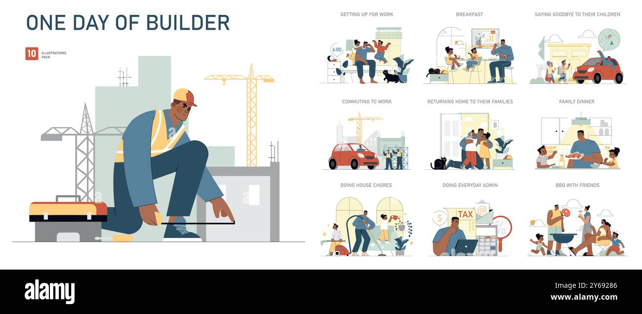 Builder's daily life set. Illustration of a construction worker's ...