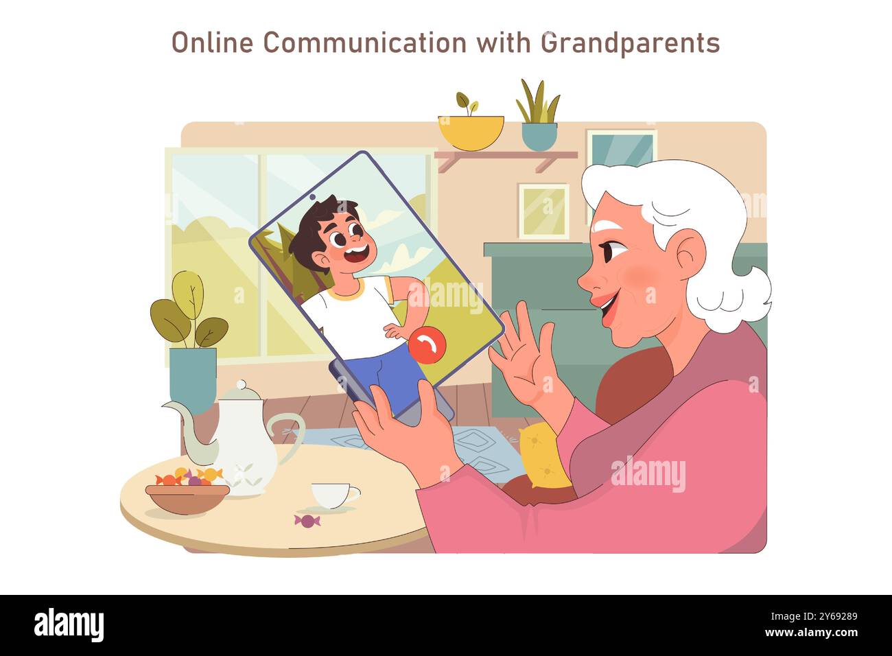 Old woman with a smartphone. Grandmother talking with a grandchild by ...