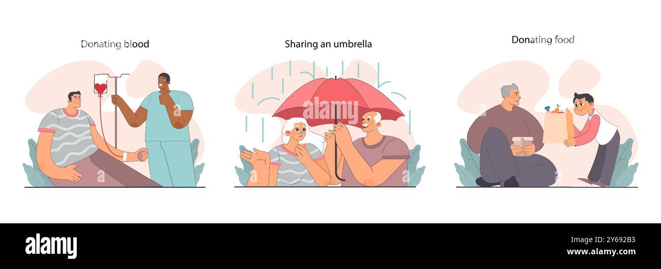 Good action or deed set. Concept of support and kindness sharing in ...