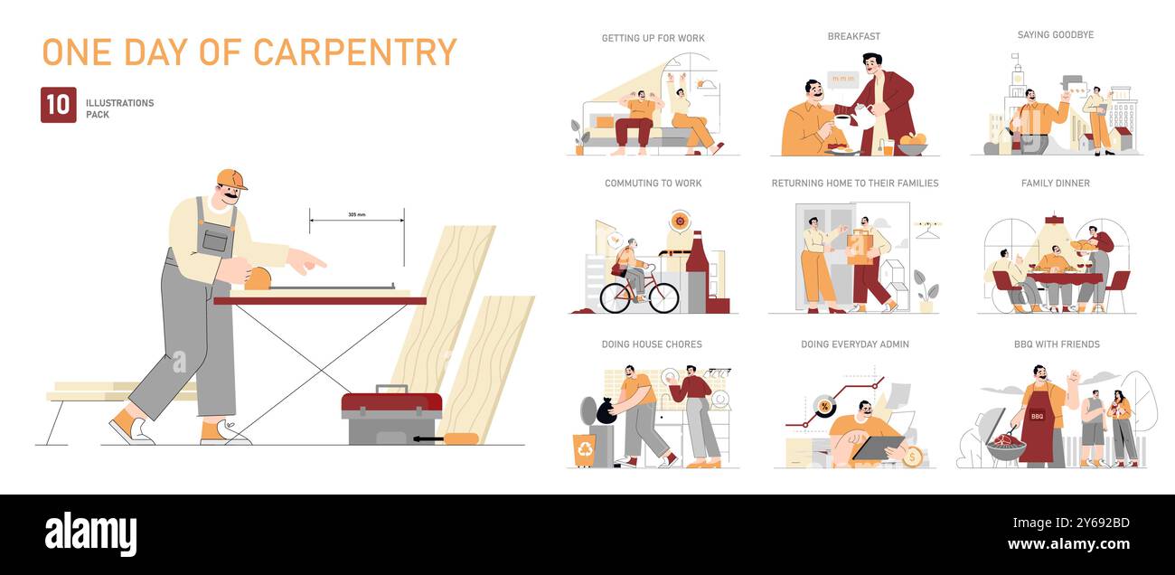 Carpentry Lifestyle set. Journey through a carpenter's daily life, from ...