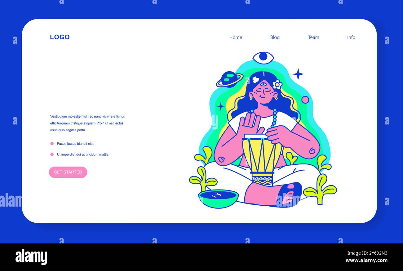 Psychedelic trip party web banner or landing page. Rave camp. Character ...