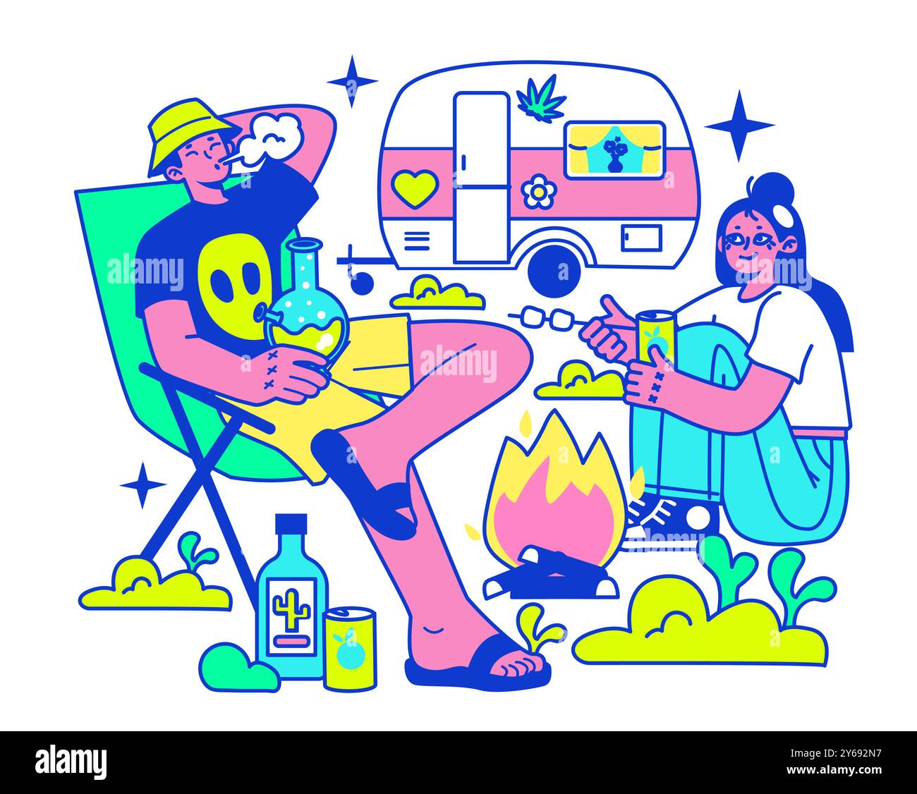 Psychedelic trip party. Rave camp. Characters drinking alcohol, taking ...