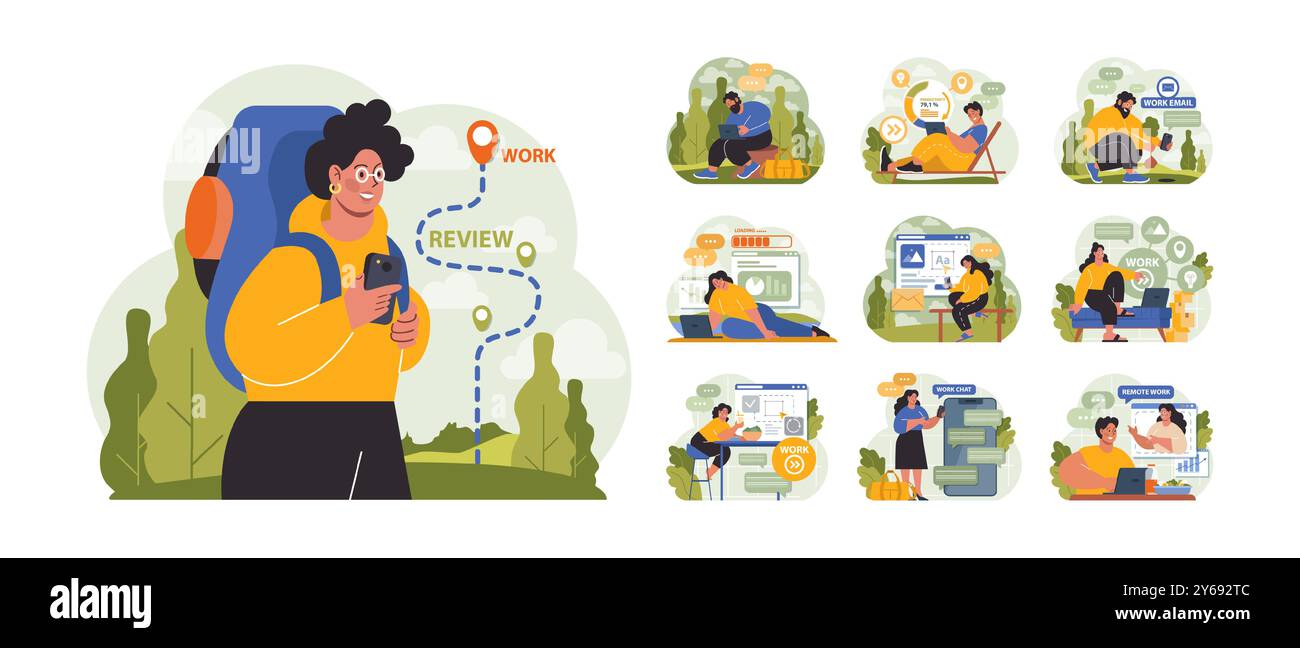 Workcation. Chatacter working away from the office. Digital nomad or ...