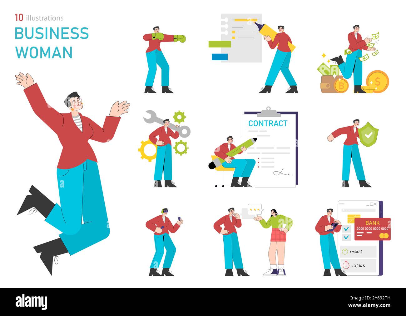 Businesswoman set. Professional woman performing various work tasks ...