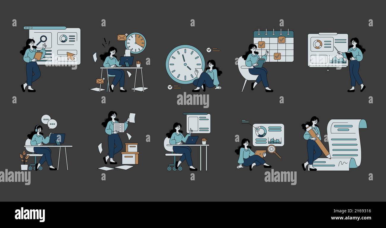 Businesswoman set. Corporate tasks, time management, and strategy ...