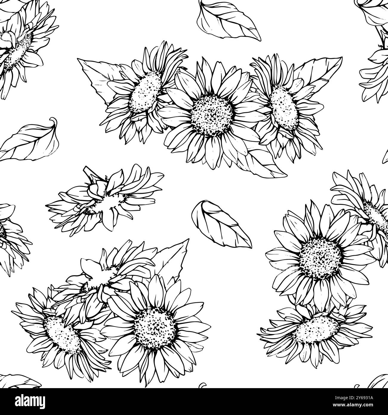 Seamless Pattern with Flowers Sunflowers in line art style. Vector ...