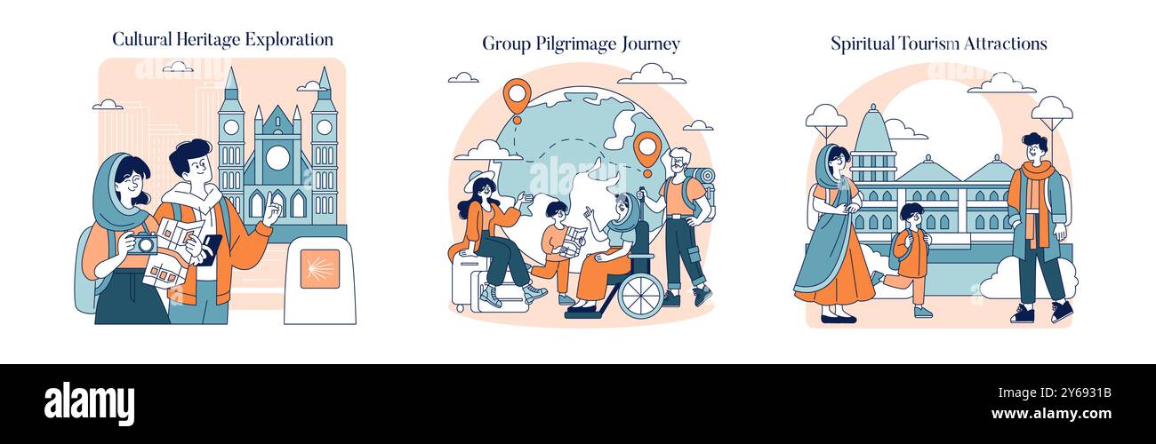 Pilgrimage Illustration Set. Exploring religious sites, group ...