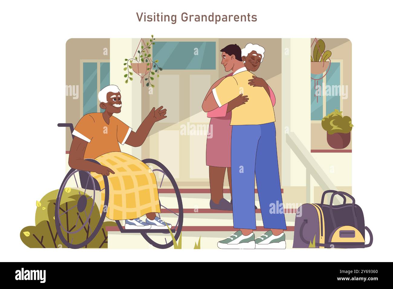 Grandson visiting grandparents. Happy grandpa and grandma welcoming ...