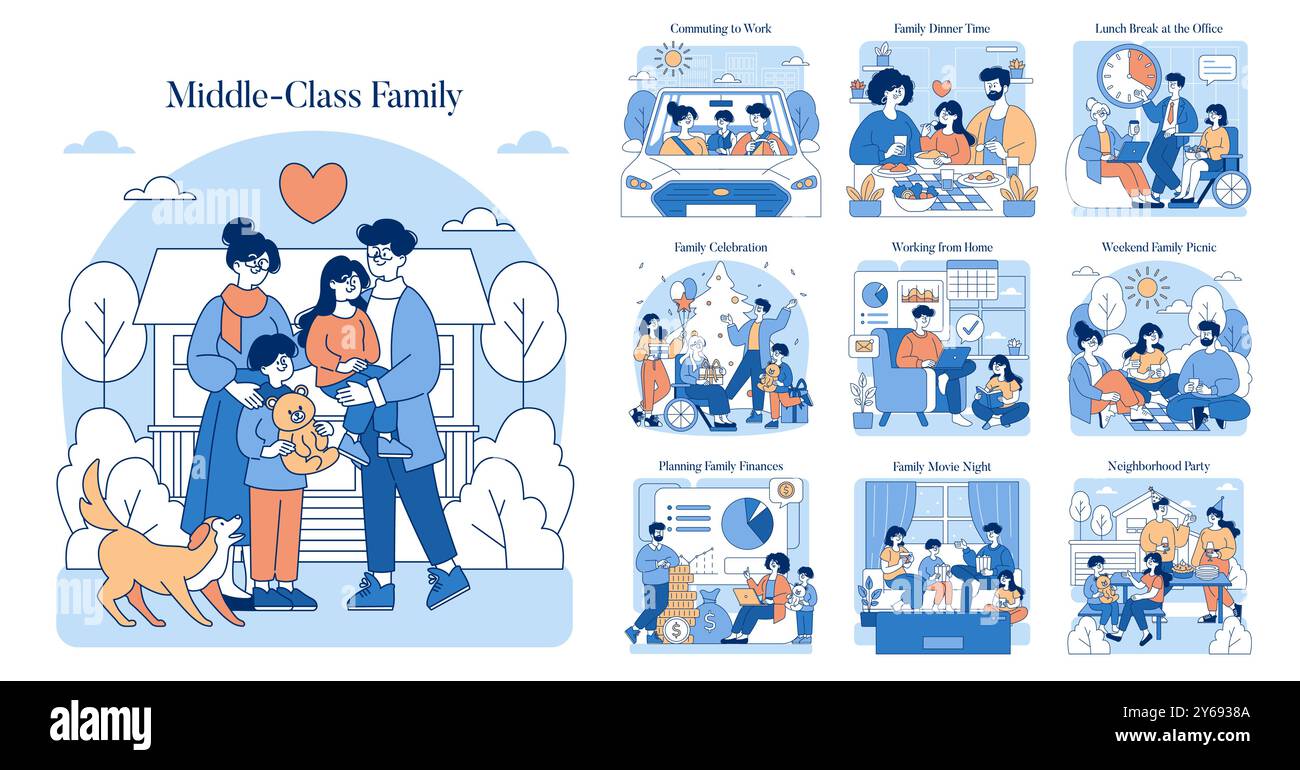 Middle-Class Family set. Daily life activities, from home to work ...