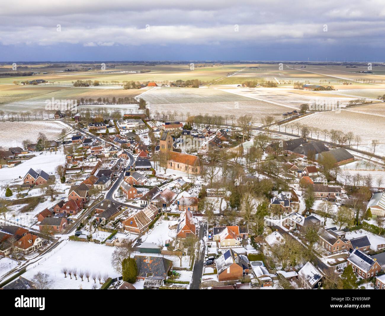 Aerial View over Village of Godlinze in Winter Landscape with Snow in ...