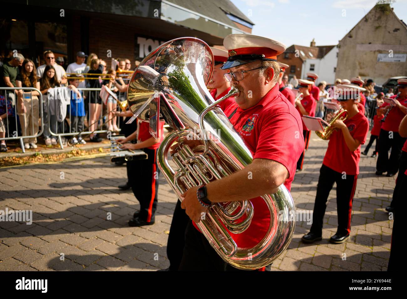 Tuba player in a marching brass band wearing red shirt, Ringwood ...