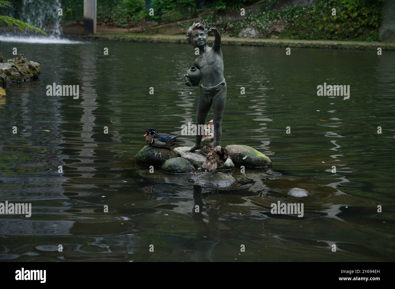 Playful child statue with ducks on a pond, monte palace gardens Stock ...