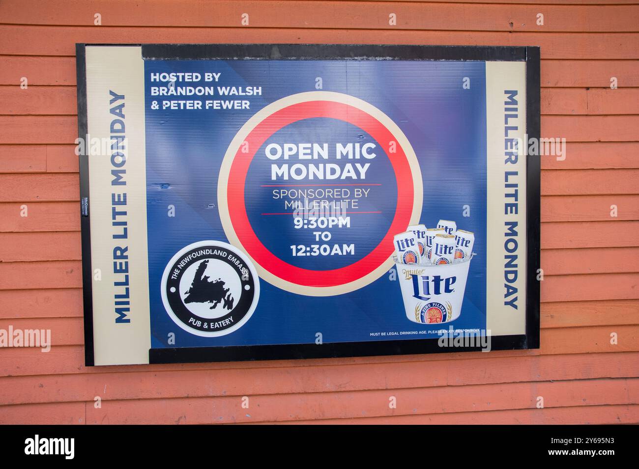 Open mic Monday sign at the Newfoundland Embassy pub on New Gower ...