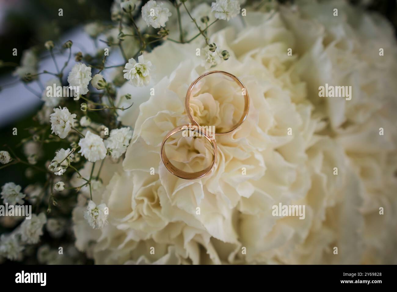 Elegant Wedding Rings Resting on Creamy Floral Arrangement with ...