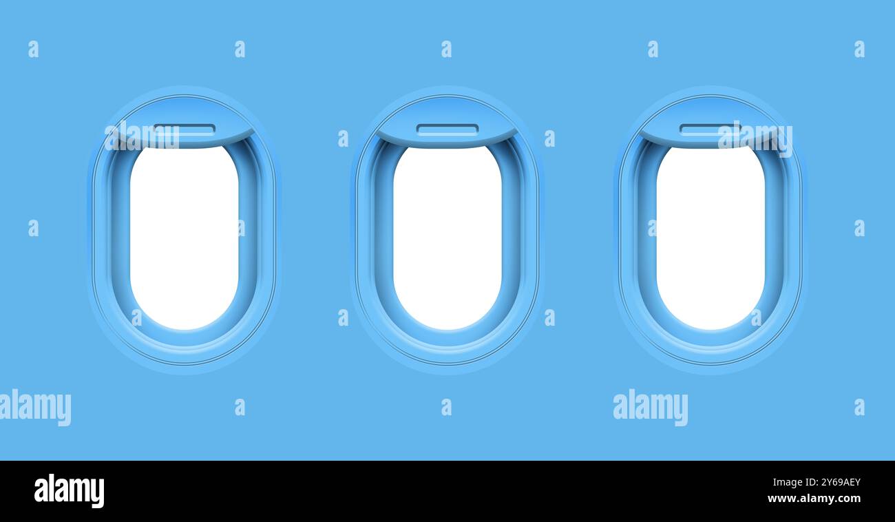 Airplane windows, view from inside cabin with light blue sidewall Stock ...