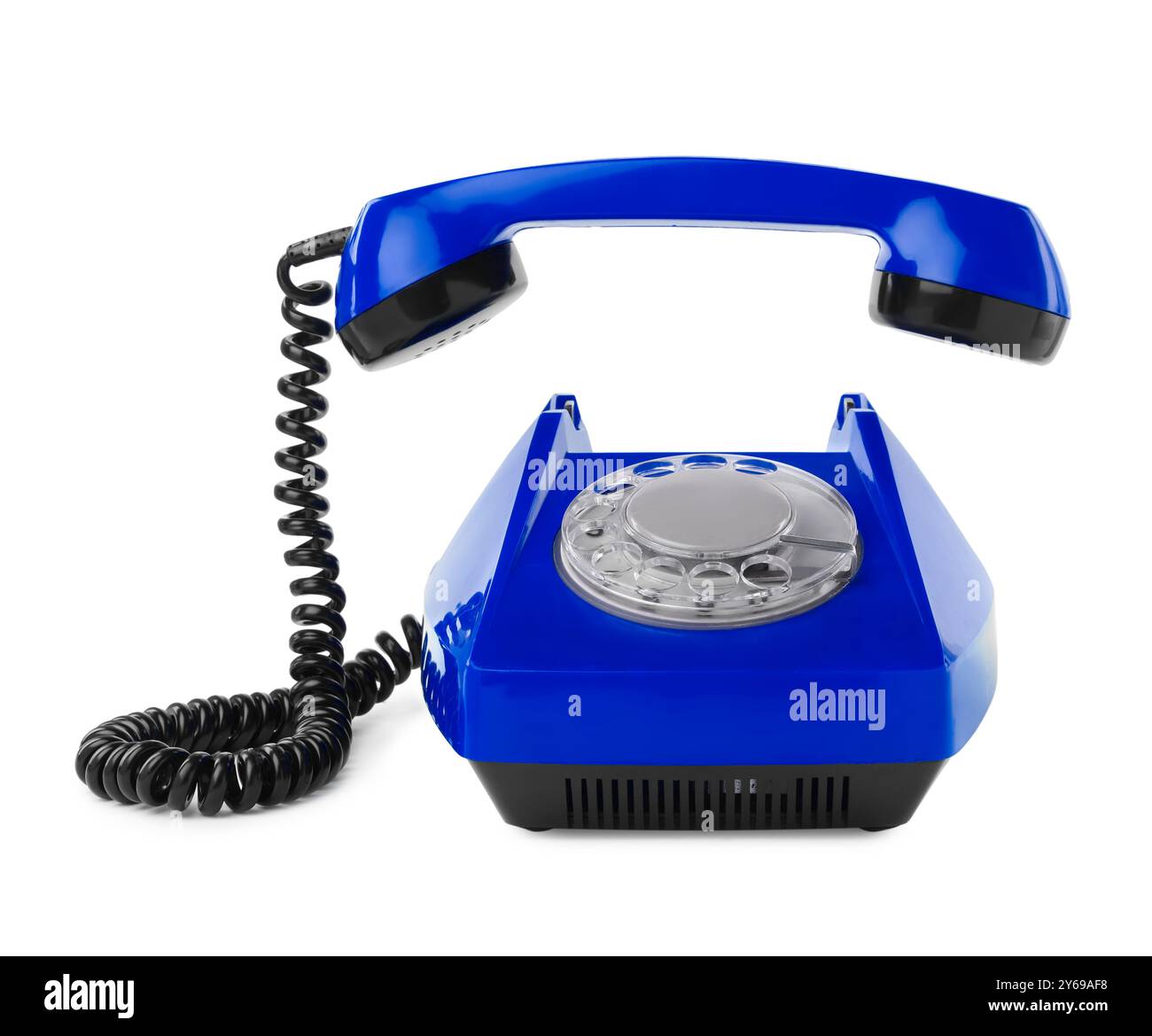Old blue telephone with rotary dial isolated on white Stock Photo - Alamy