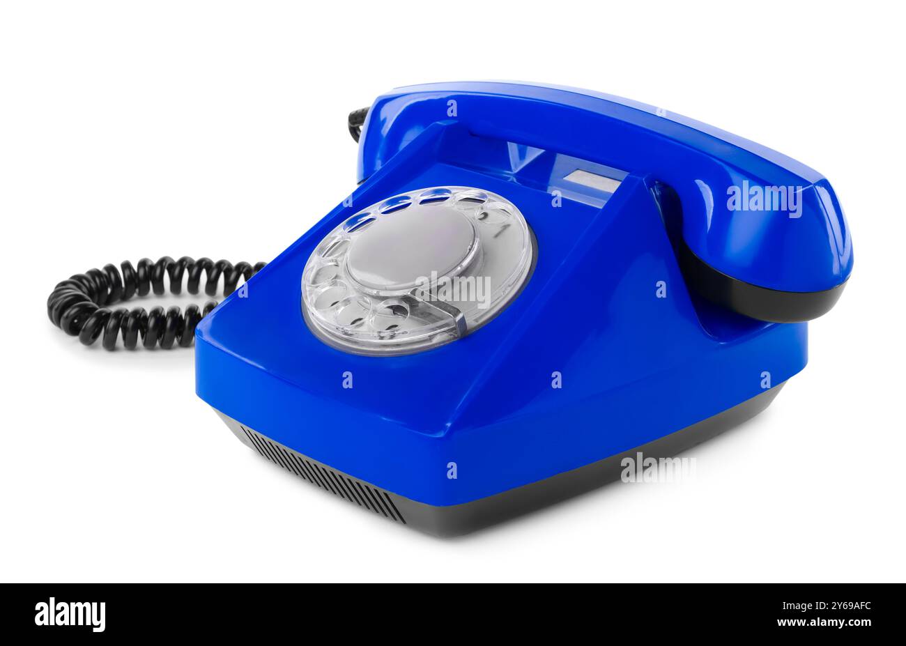 Old blue telephone with rotary dial isolated on white Stock Photo - Alamy