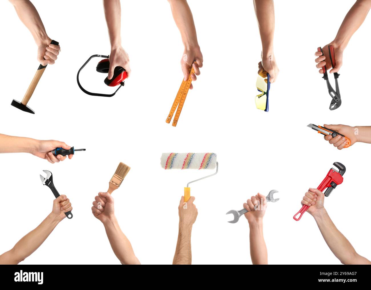 Hands of people with different tools isolated on white Stock Photo - Alamy