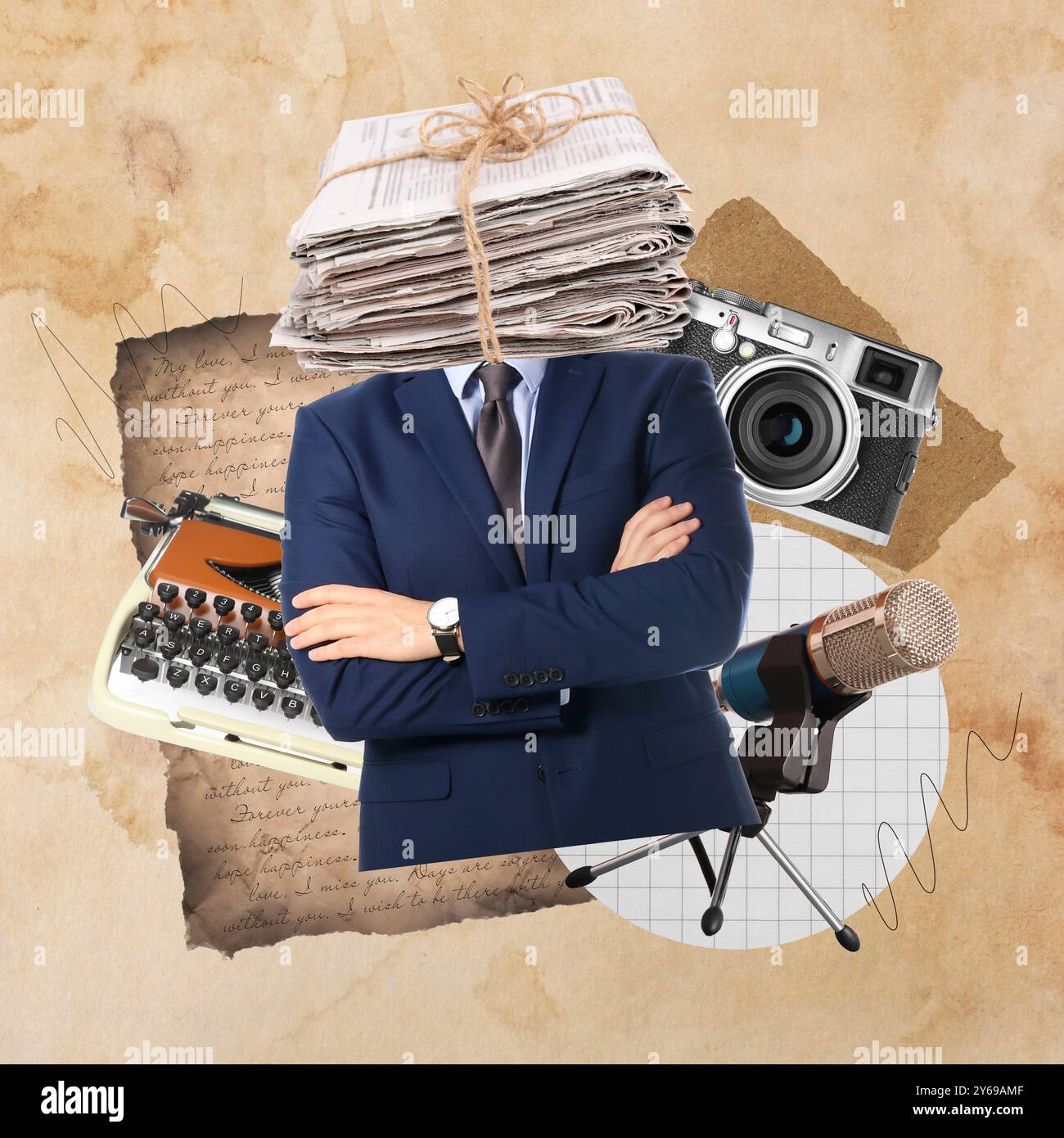 Man with stacked newspapers instead of head as journalist, vintage ...