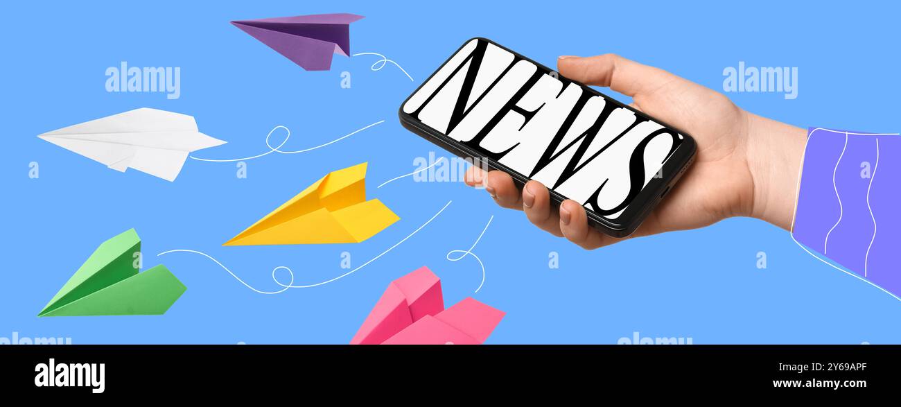 Journalist holding mobile phone with word News on display, paper planes ...