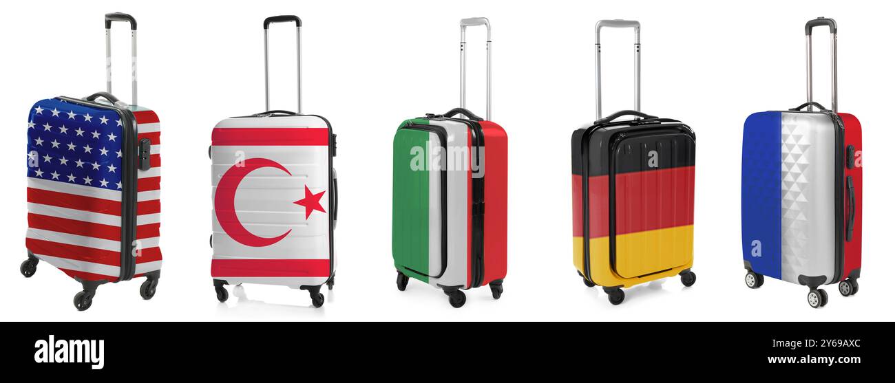 Suitcases painted in national flags of different countries isolated on ...