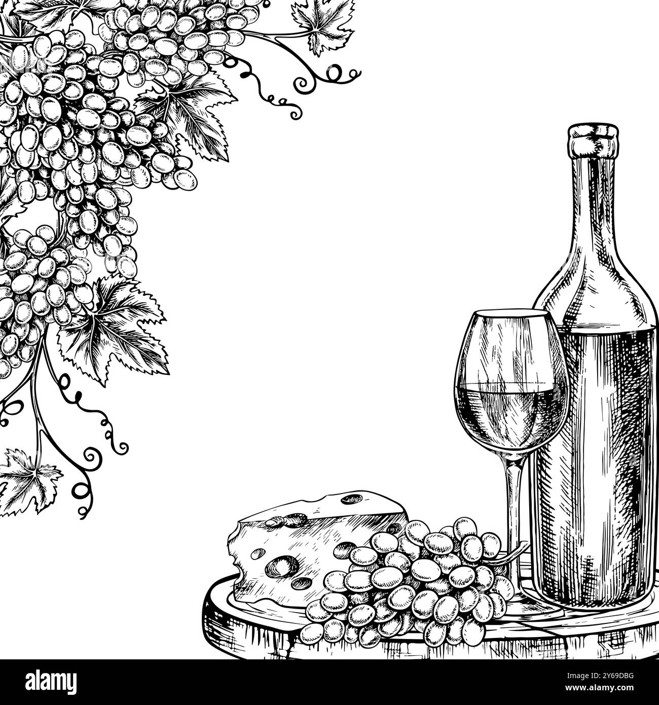 A frame with wine. Bunches of grapes, a bottle and a glass of wine ...