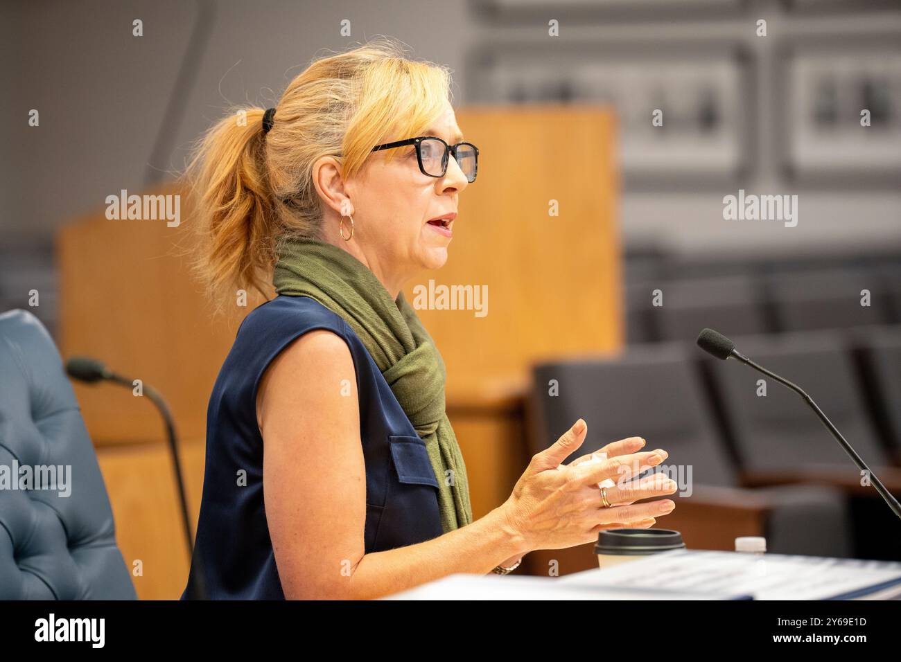 Amber Bay, Former OceanGate Director of Administration answers questions at the Titan marine ...