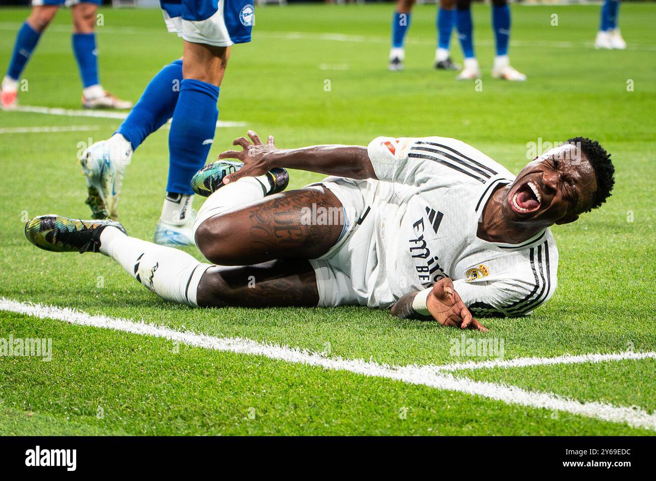 Vinicius Junior (Jr) of Real Madrid looks injured during the Spanish ...
