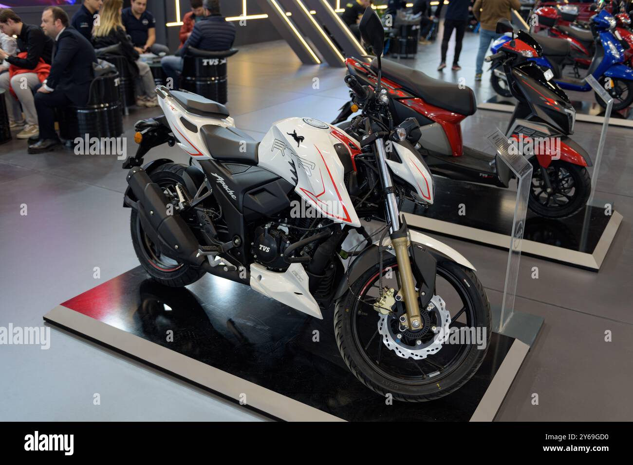 ISTANBUL, TURKEY - MARCH 23, 2024: TVS Apache motorcycles on display at ...