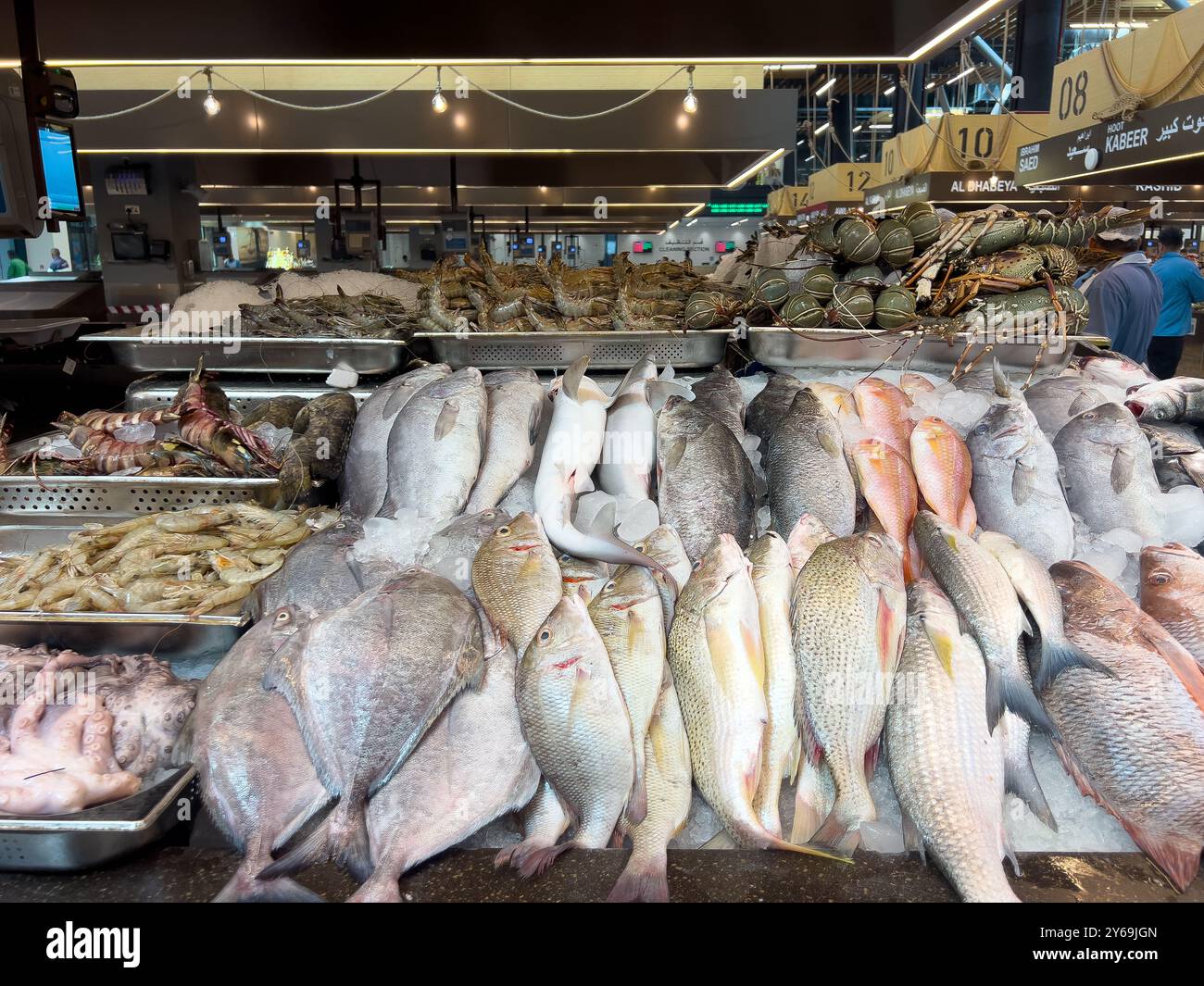 Fresh raw fish market counter in Mina Abu Dhabi Stock Photo - Alamy
