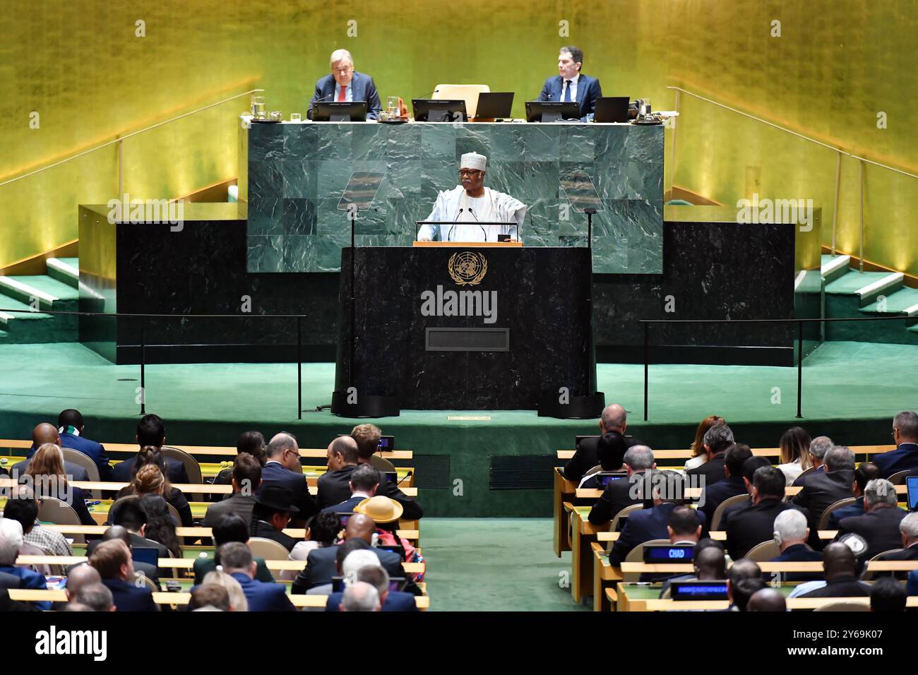 (240924) -- UNITED NATIONS, Sept. 24, 2024 (Xinhua) -- Philemon Yang (at the podium), President ...