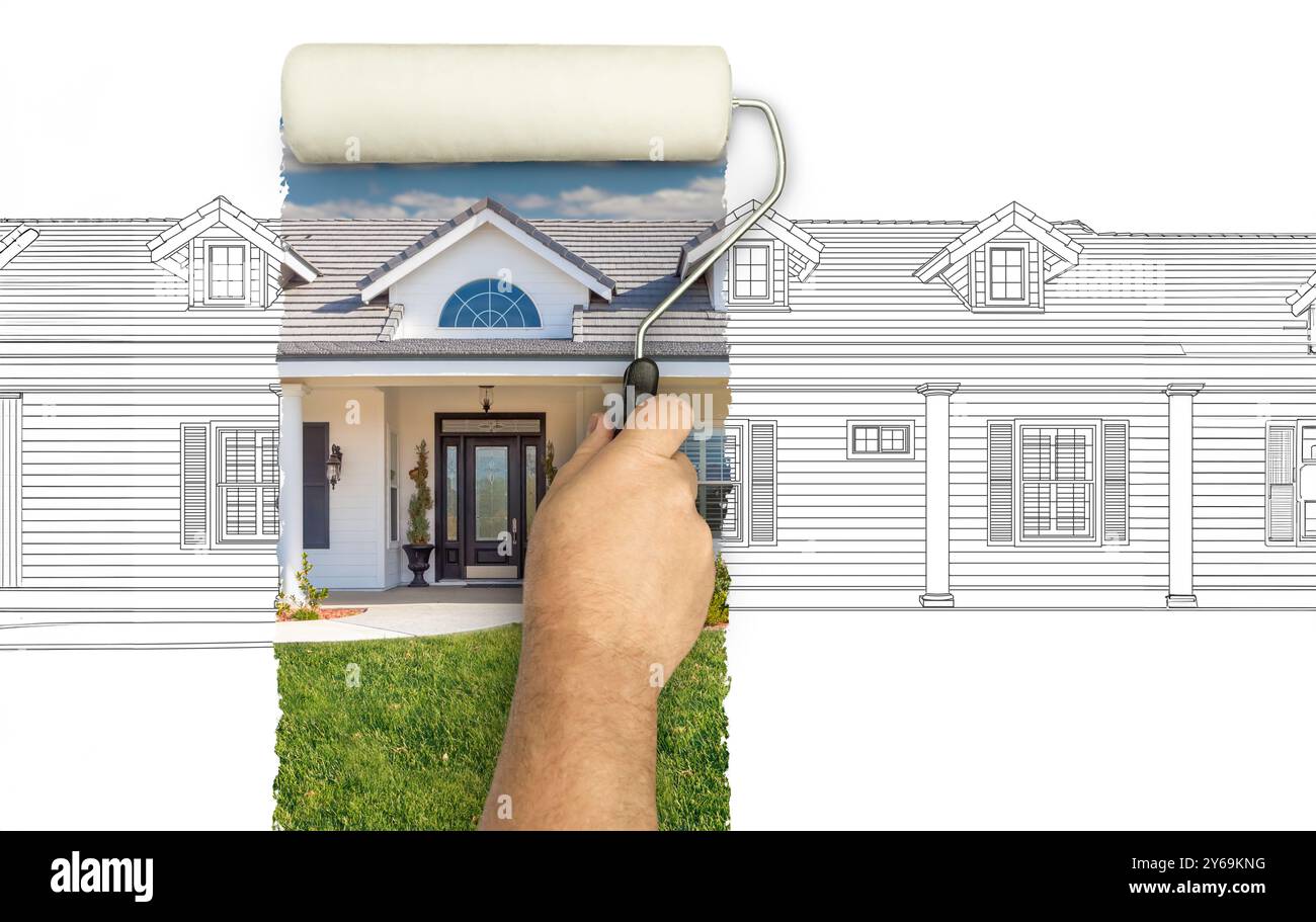 Before and After of Man Painting Roller to Reveal Custom Home ...