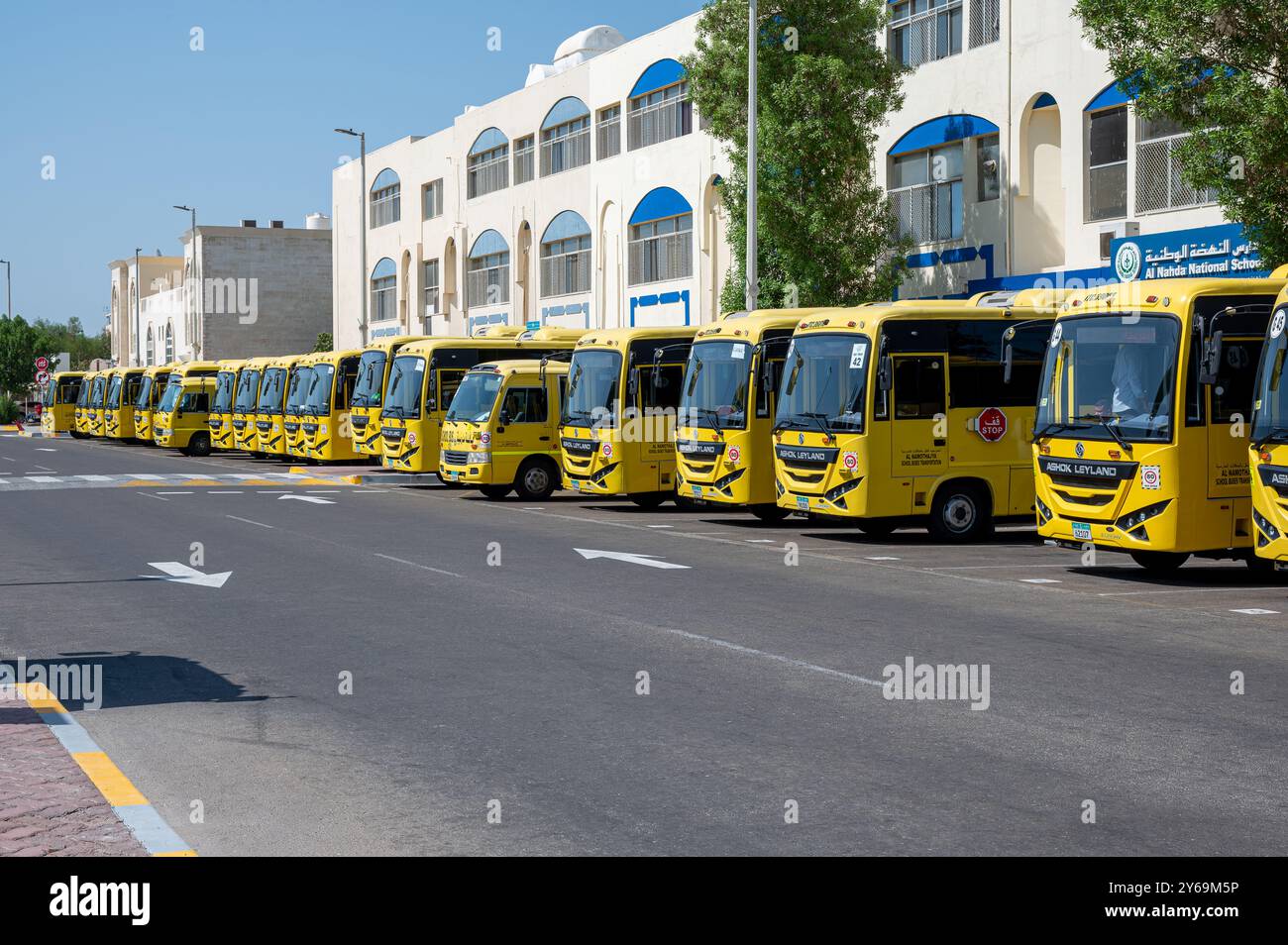 Several yellow school buses are lined up outside the school, ready to ...