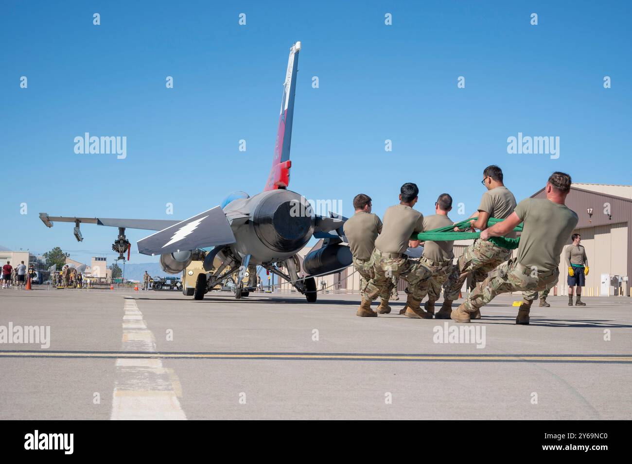 Airmen from the 49th Maintenance Group participate in an F-16 Viper pull during the 2024 ...