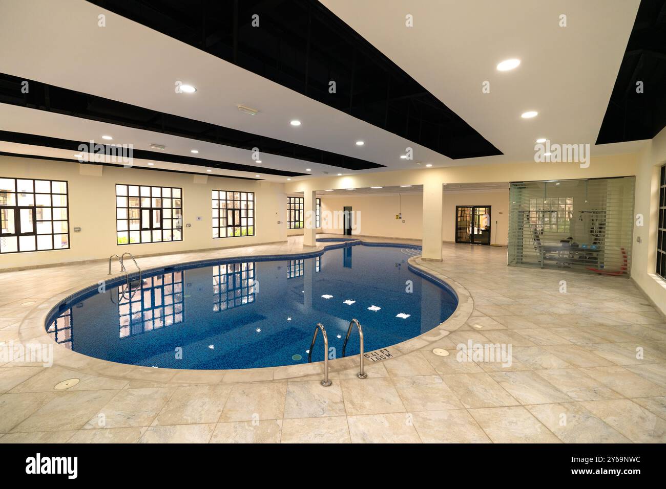 indoor swimming pool has a free form design with deep blue water, light ...