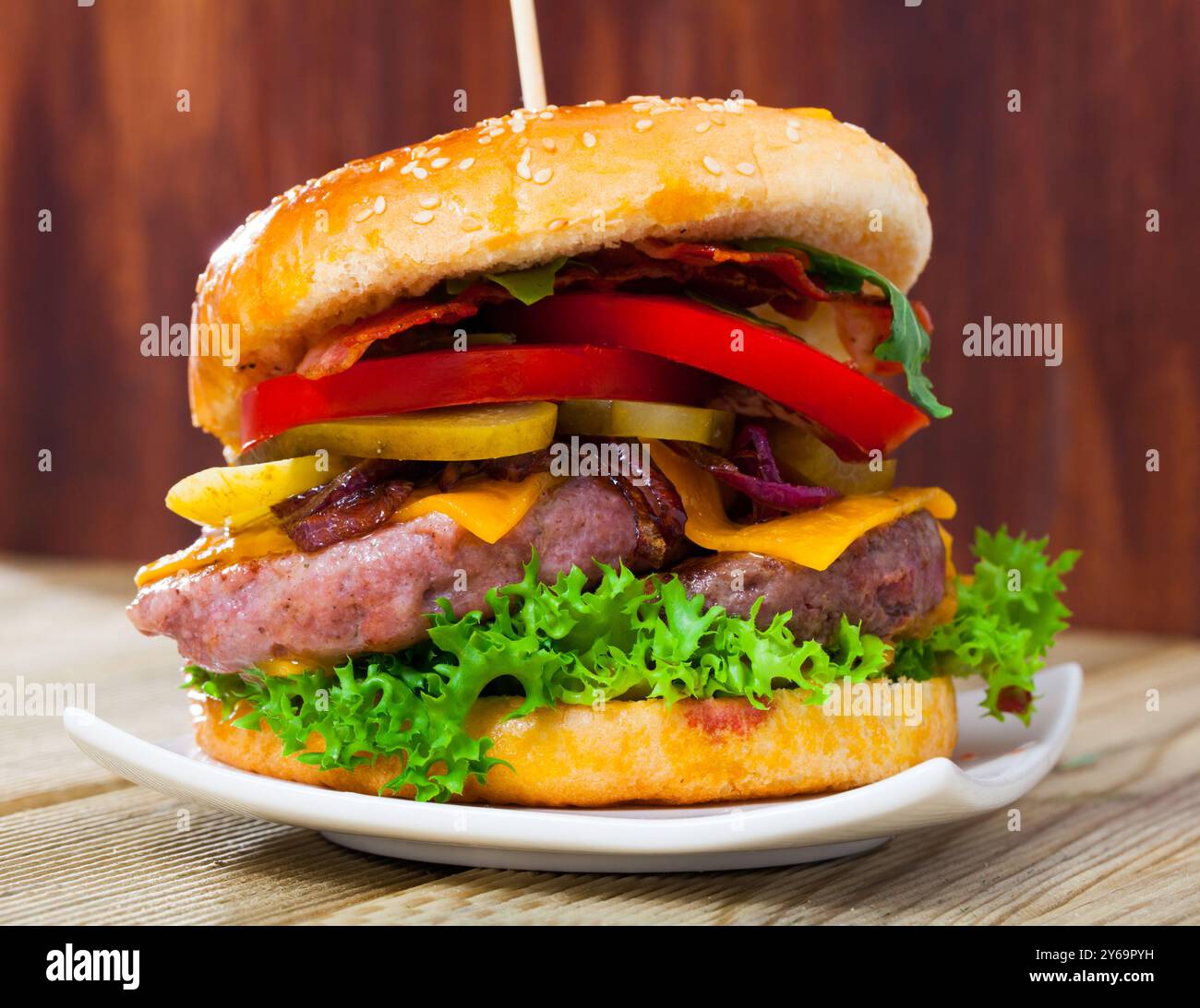 Double cheese burger with meat rissole Stock Photo - Alamy
