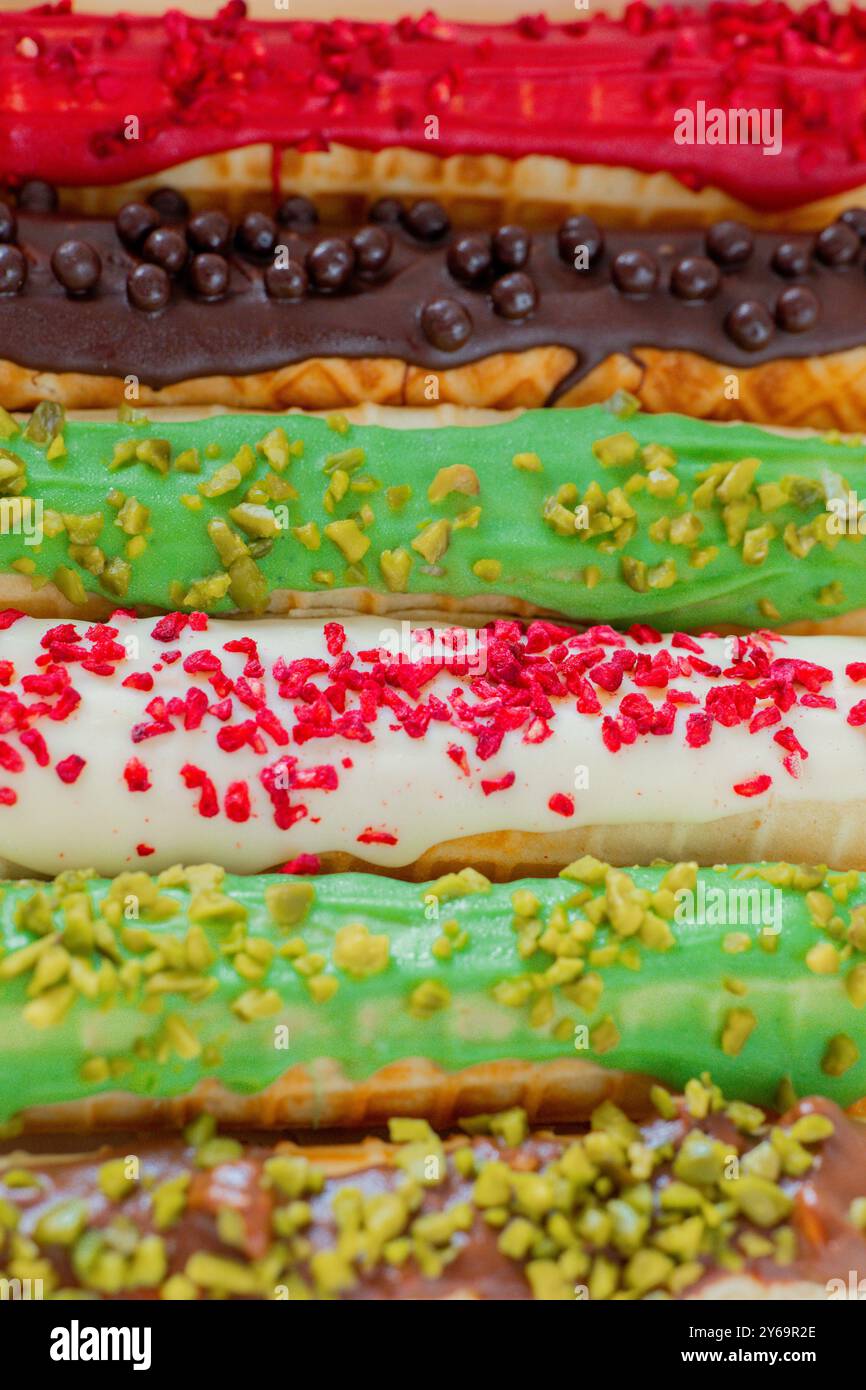 Crispy wafer tube.Wafer pastries.Assorted wafer rolls close-up.Wafer ...