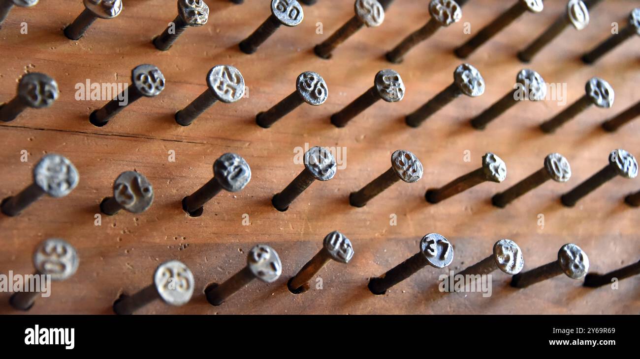 Collection of railroad date nails, used to keep track of the date ...