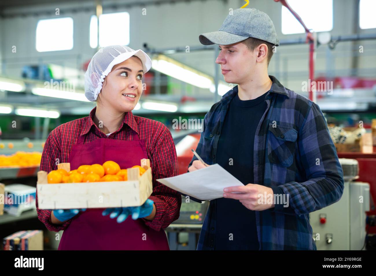 Foreman with papers checking tangerines held by female worker Stock ...