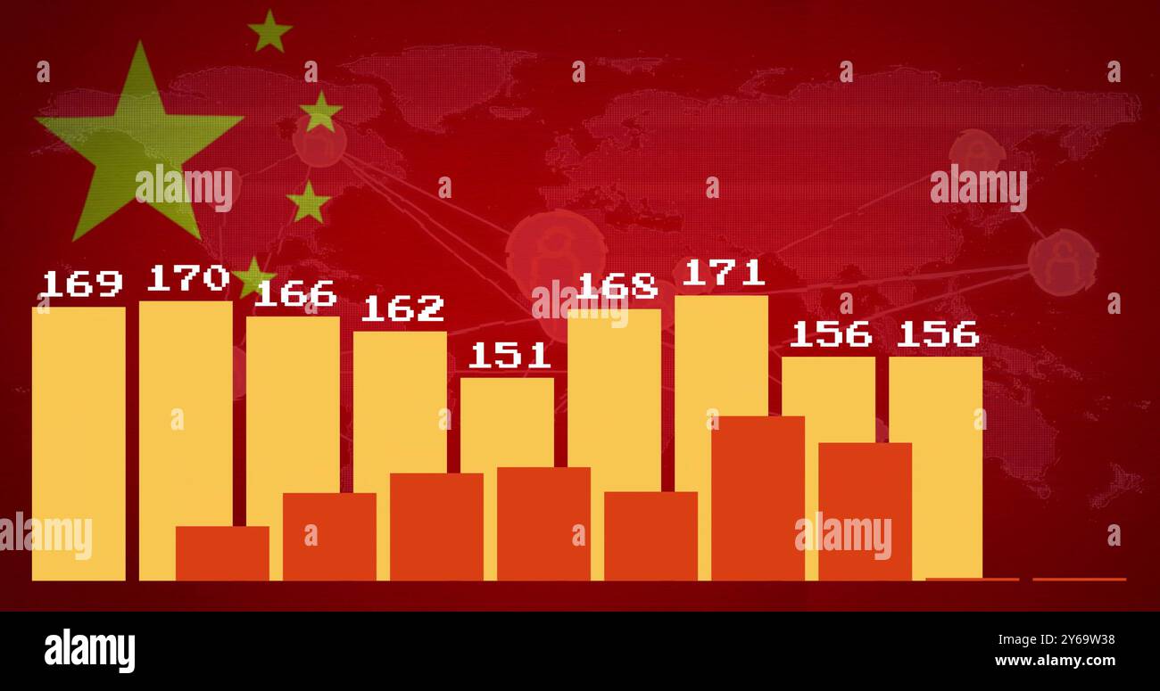 Bar chart with numbers over red background with China flag and network ...