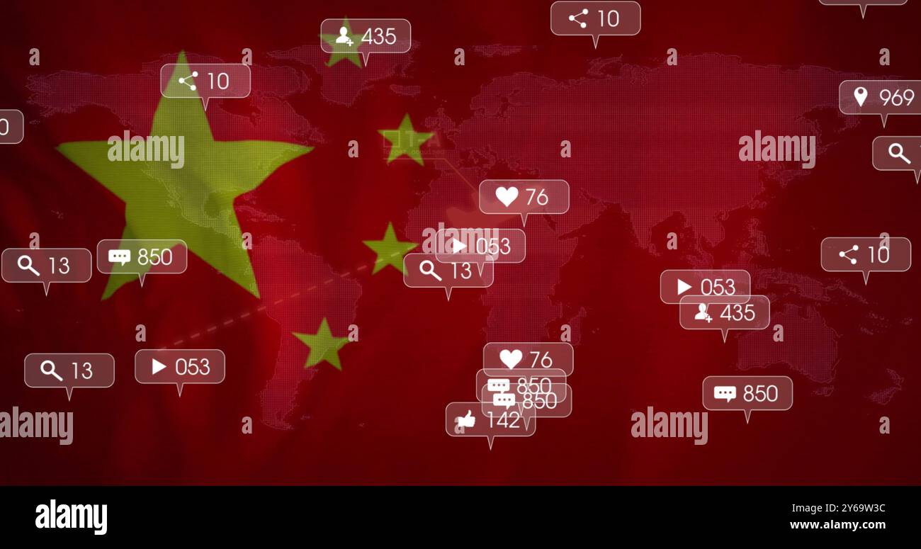 Social media interaction icons image over China flag and world map ...