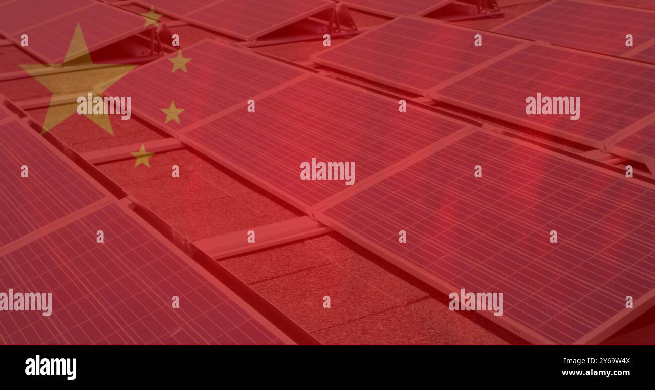 Chinese flag image over workers installing solar panels Stock Photo - Alamy