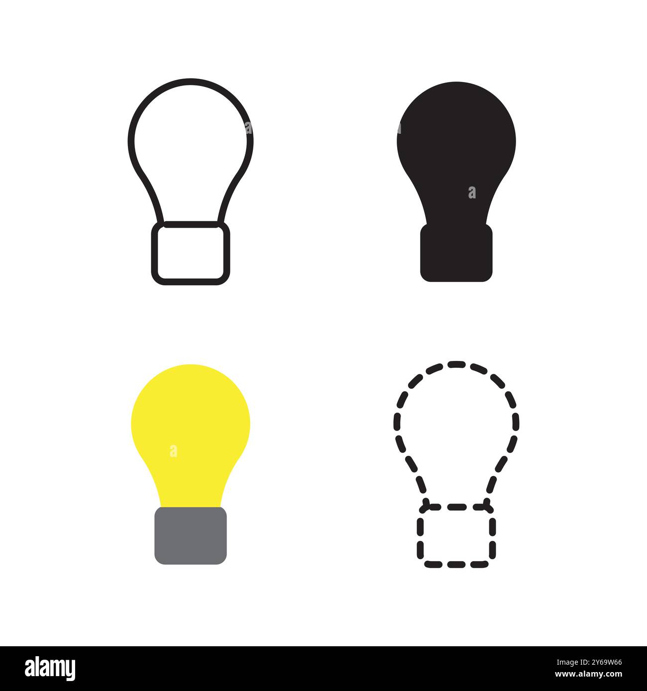 Light bulb icon set. Black and yellow bulbs. Outline and dashed shapes. Minimal vector style ...