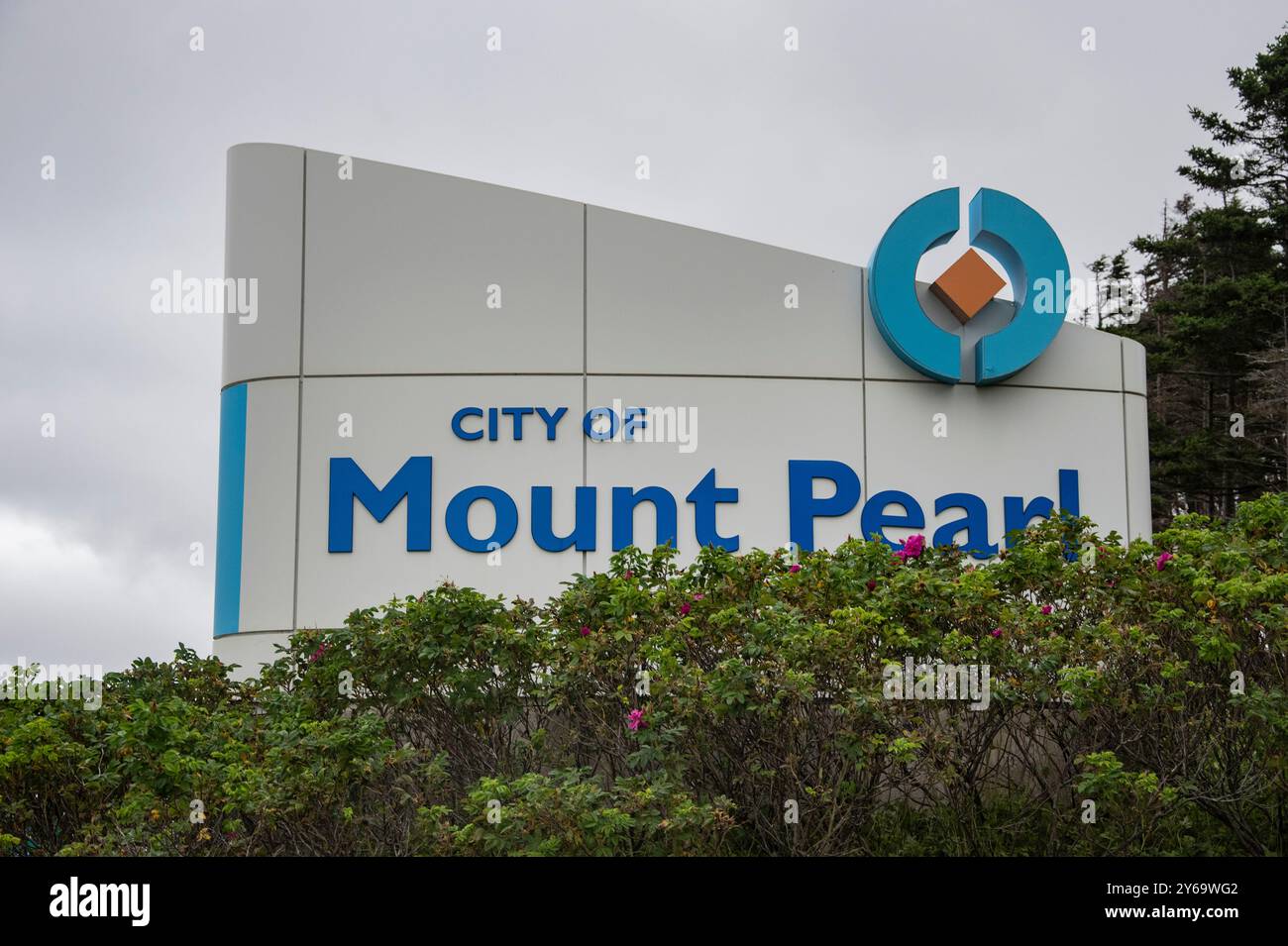 Welcome to the city of Mount Pearl sign covered with overgrown bush on ...