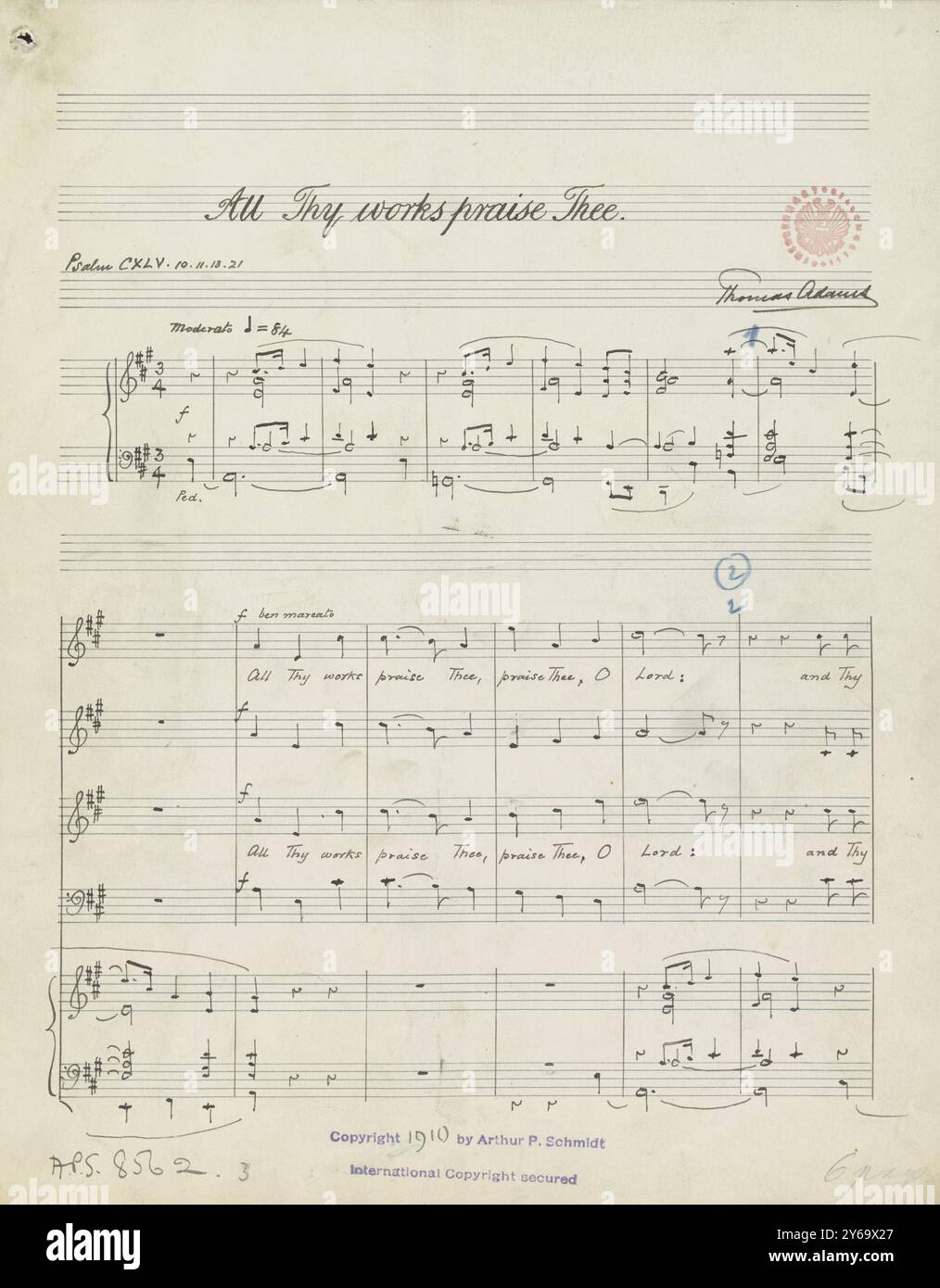 Music 1800-1900; Music Manuscripts; Adams, Thomas. All Thy works praise ...