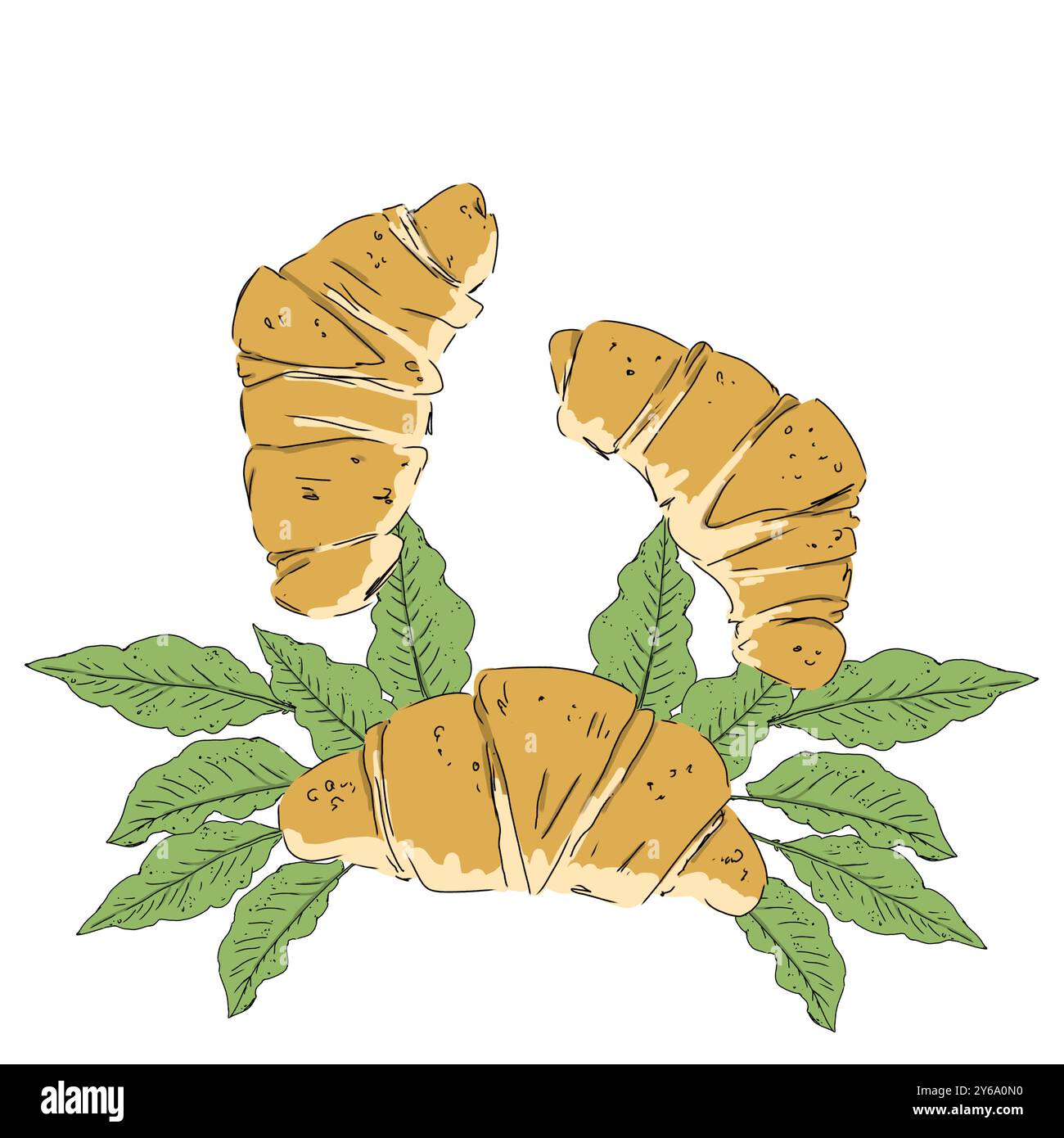 Three croissants on a background with branches and leaves green color ...